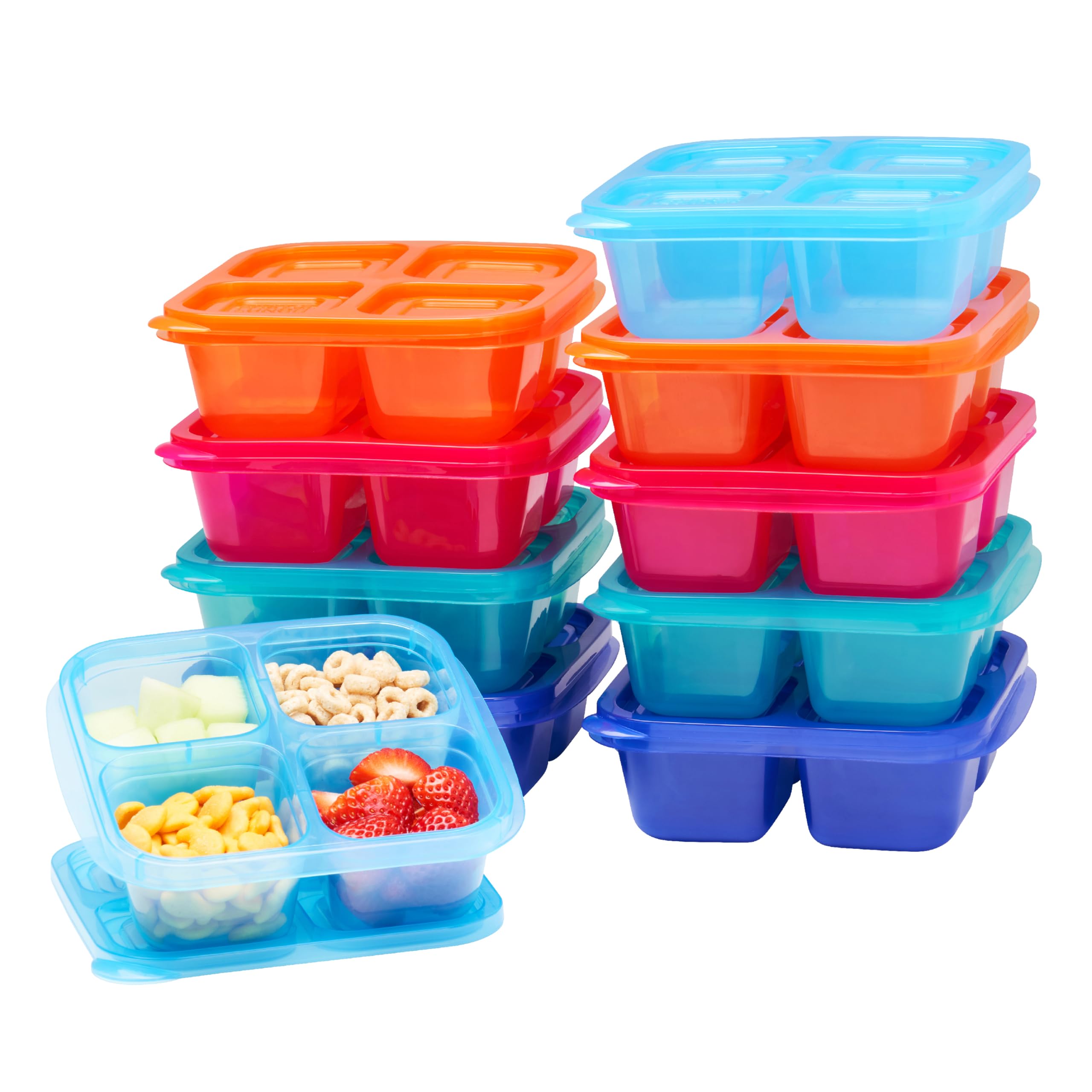 EasyLunchboxes® - Original Stackable Snack Boxes - Reusable 4-Compartment Bento Snack Containers for Kids and Adults, BPA-Free and Microwave Safe Food and Meal Prep Storage, Set of 10 (Jewel Brights)