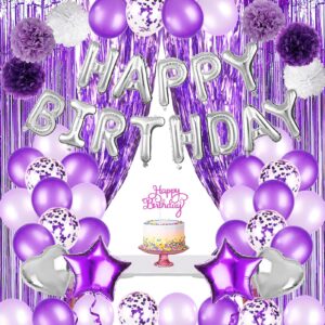 joyypop purple birthday decorations for women or girl,purple birthday party decorations with happy birthday balloons,happy birthday cake topper, paper pompoms for baby shower birthday party