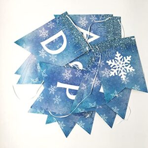 Snowflake and Frozen Happy Birthday Banner （Already Assembled）Blue & White, Snow and Frozen Theme Birthday Party Supplies， Winter Wonderland Snow Princess Birthday Party Decorations for Girl and Kids