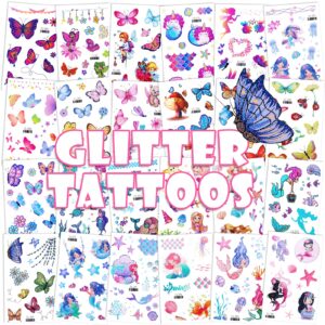 konsait glitter temporary tattoo for girls, 24 sheets butterfly mermaid fairy flowers tattoo stickers for kids, waterproof fake tattoos for birthday party favors goodie bags stuffers party fillers