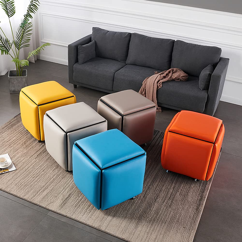 WAYUTO 5 in 1 PU Leather Seating Cube with Swivel Casters Stackable Sofa Chair Stool Nesting Ottoman Stool Movable Footstool Dressing Chair for Living Room Bedroom(Gray,Large)