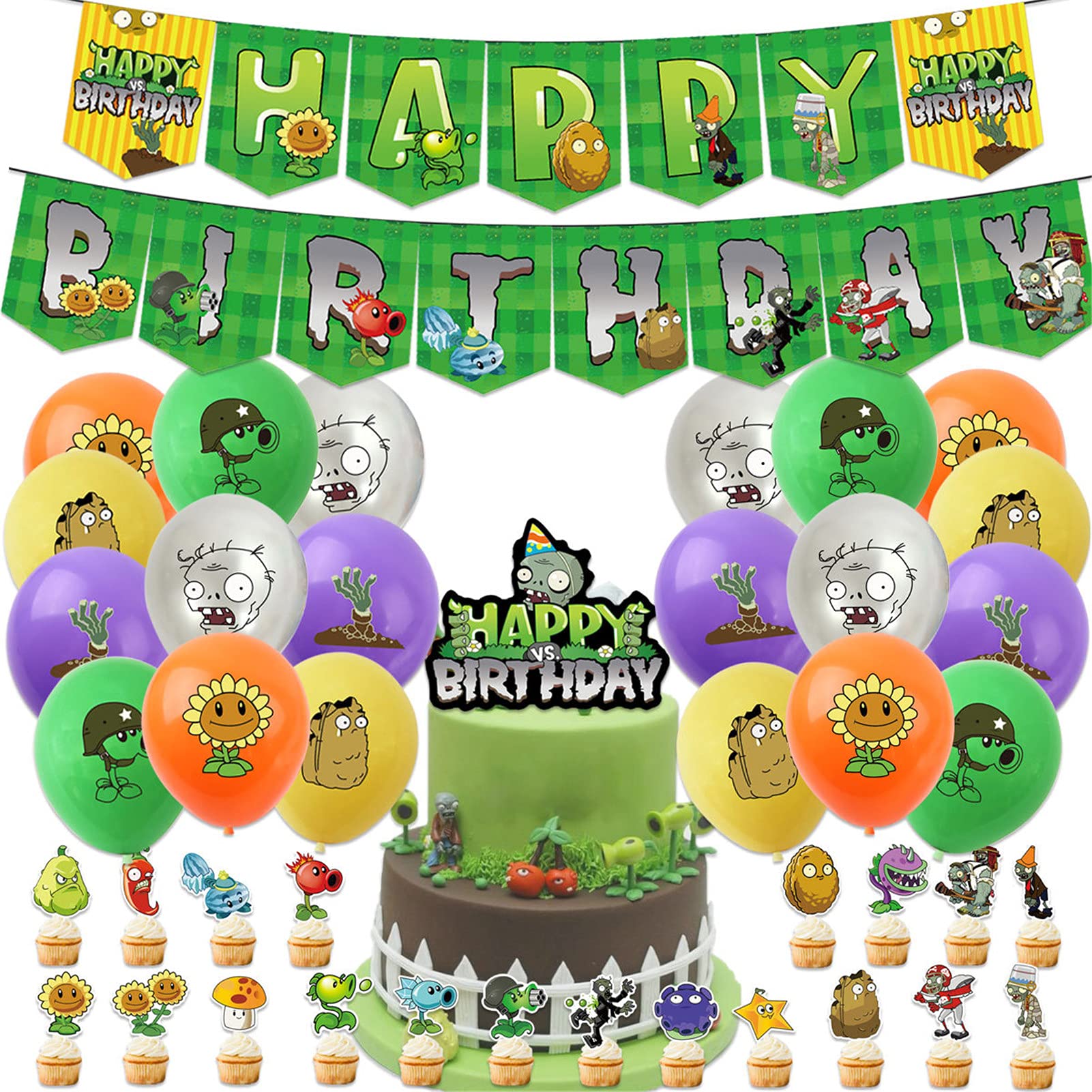 ADILAIDUN 43Pieces Plants Play Game Zombies Party Supplies,Including PVZ Happy Birthday Banner,PVZ Cake Topper,PVZ Latex Balloons for Kids Boys Game Players Party Decoration