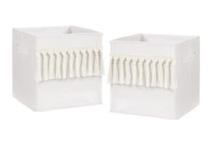 sweet jojo designs ivory boho bohemian foldable fabric storage cube bins boxes organizer toys kid baby children - set of 2 - gender neutral solid beige cream off white farmhouse chic minimalist tassel