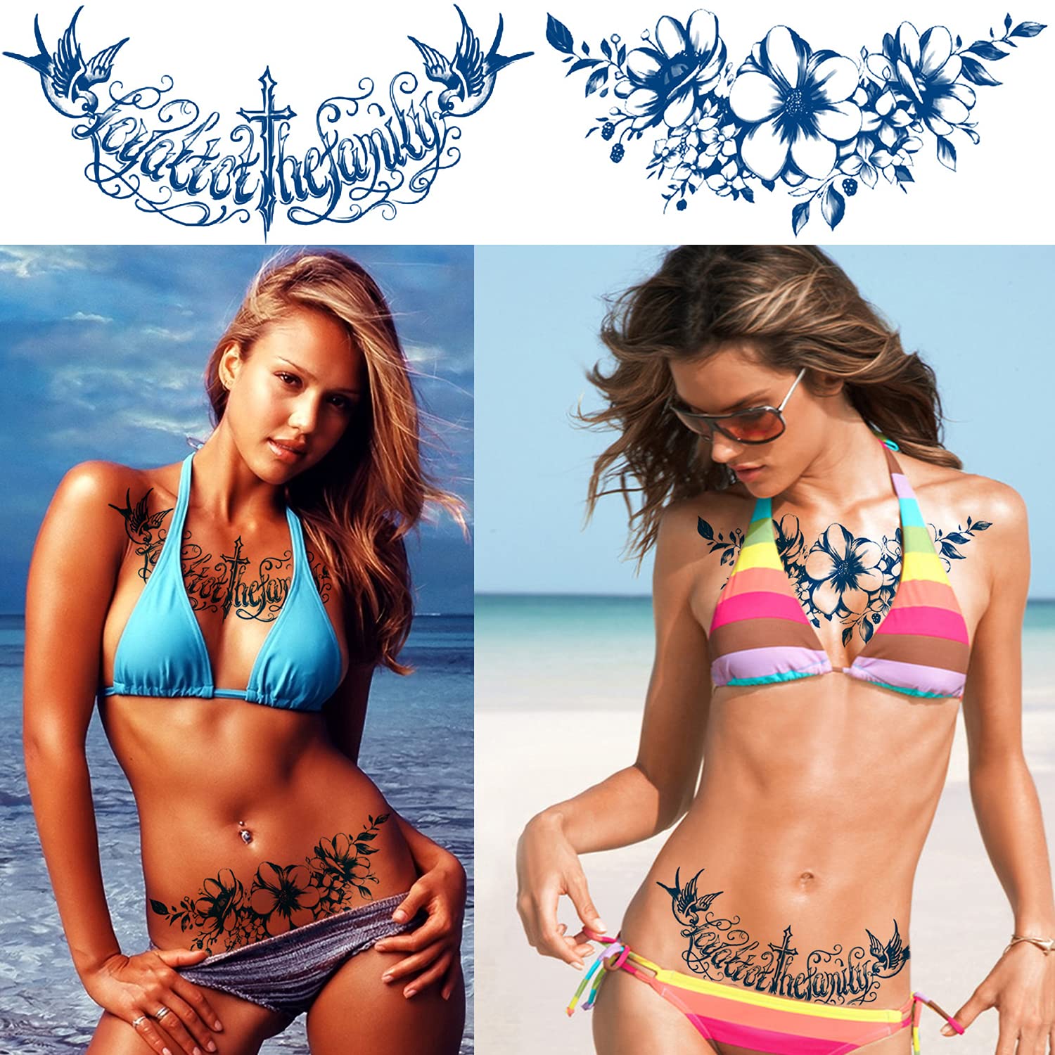 Glaryyears Semi Permanent Tattoos for Women Girls, 4 Pack Kit Large Realistic Long Lasting Temporary Tattoo Looks Like Real Makeup, Cool Flowers Letters on Body Chest Underboob Tramp Stamp Lower Back