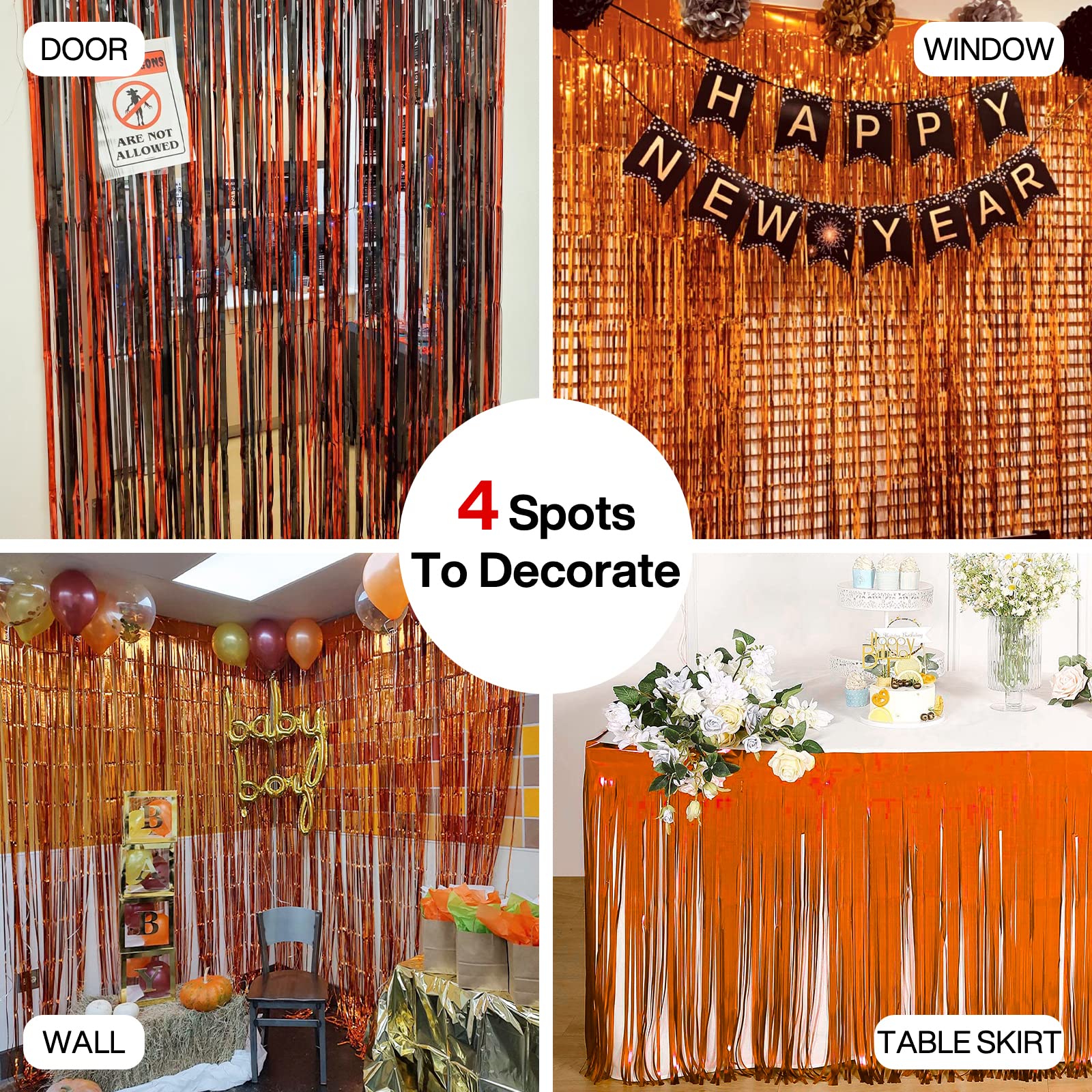 PartyWoo Orange Foil Fringe Curtains, 2 pcs 3.3x6.6 ft Orange Streamers, Fringe Backdrop, Metallic Tinsel Curtains for Birthday Party, Halloween Tinsel Backdrop, Halloween Party Decorations