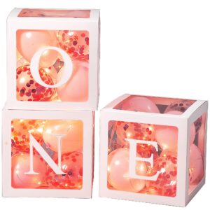 first birthday balloons boxes, one transparent white balloon blocks with 3 led string lights and 32 balloons for girl boy baby 1st birthday party decorations photo shoot prop (pink)