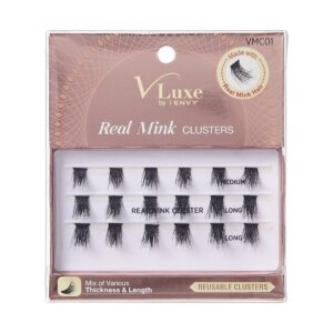 vluxe by ienvy real mink cluster lashes full and fluffy extension look, reusable, diy salon result