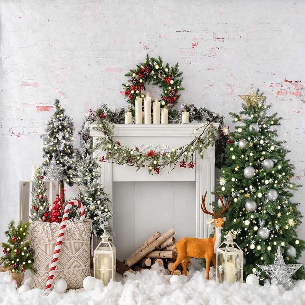 Kate 8×8ft Bokeh Bohemia Christmas Tree Photo Backdrop White Fireplace Brick Wall Xmas Photography Background for Christmas Studio Props