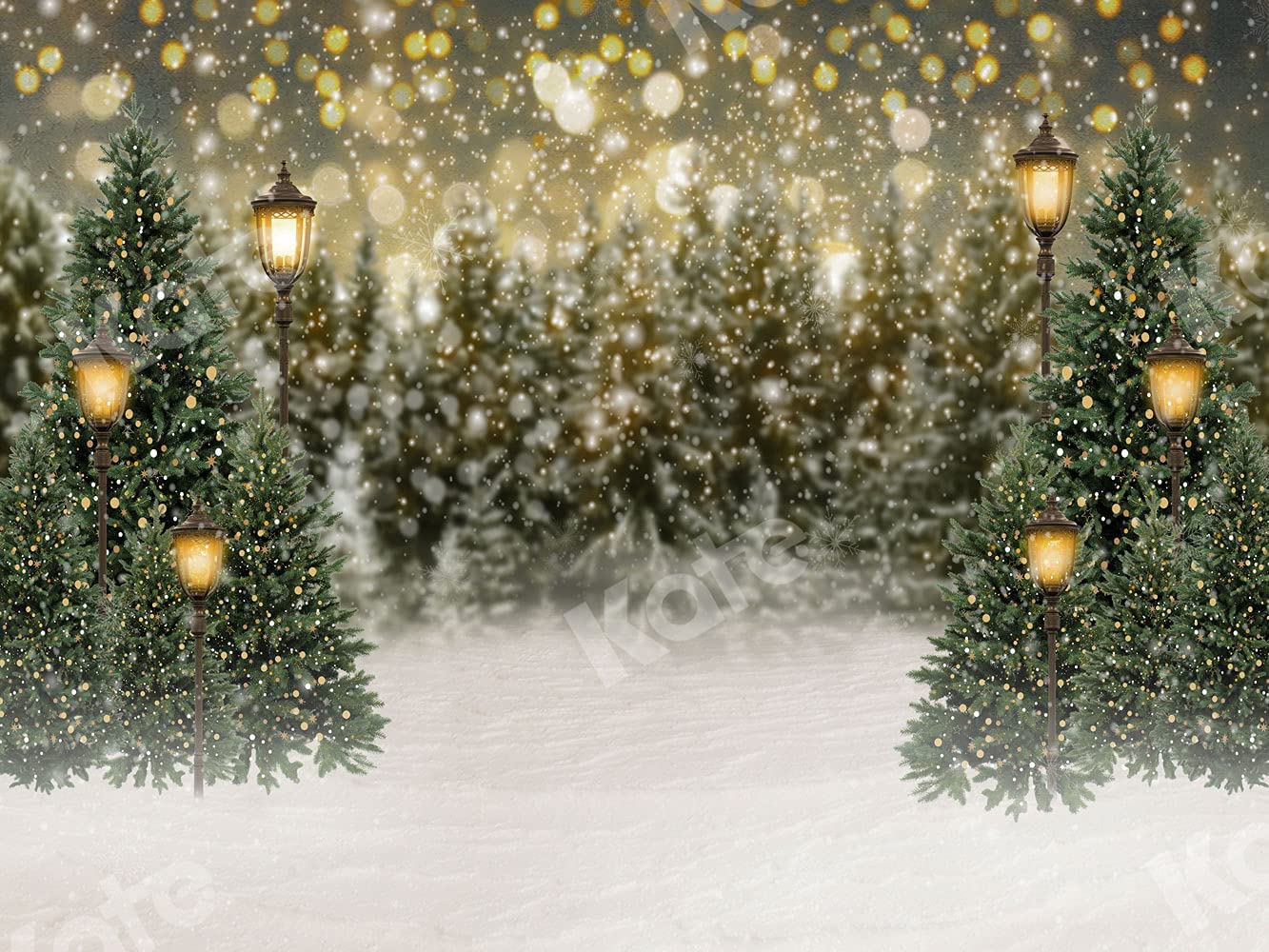 Kate 7×5ft Bokeh Snow Christmas Tree Photo Backdrop Xmas Glitter Street Lamp Snowfield Photography Background for Christmas Winter Photo Studio Props