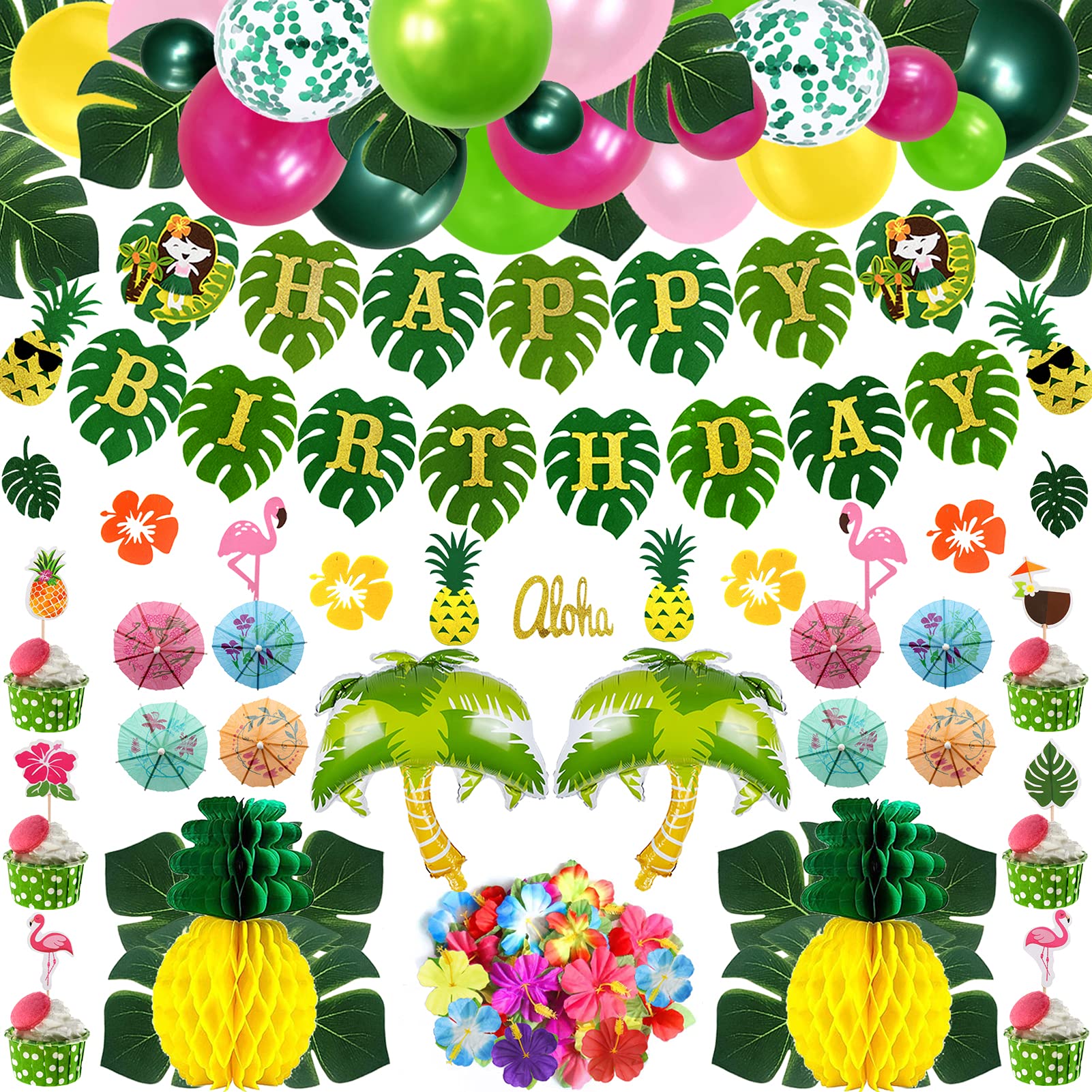 TREWAVE Tropical Luau Party Decoration Pack Hawaiian Beach Party Supplies Birthday Party Decor Including Felt Birthday Banner, Foil Coconut Tree, Balloons, Leaves, Cake Toppers, Pineapple Décors