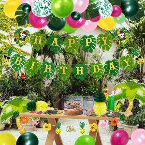 TREWAVE Tropical Luau Party Decoration Pack Hawaiian Beach Party Supplies Birthday Party Decor Including Felt Birthday Banner, Foil Coconut Tree, Balloons, Leaves, Cake Toppers, Pineapple Décors