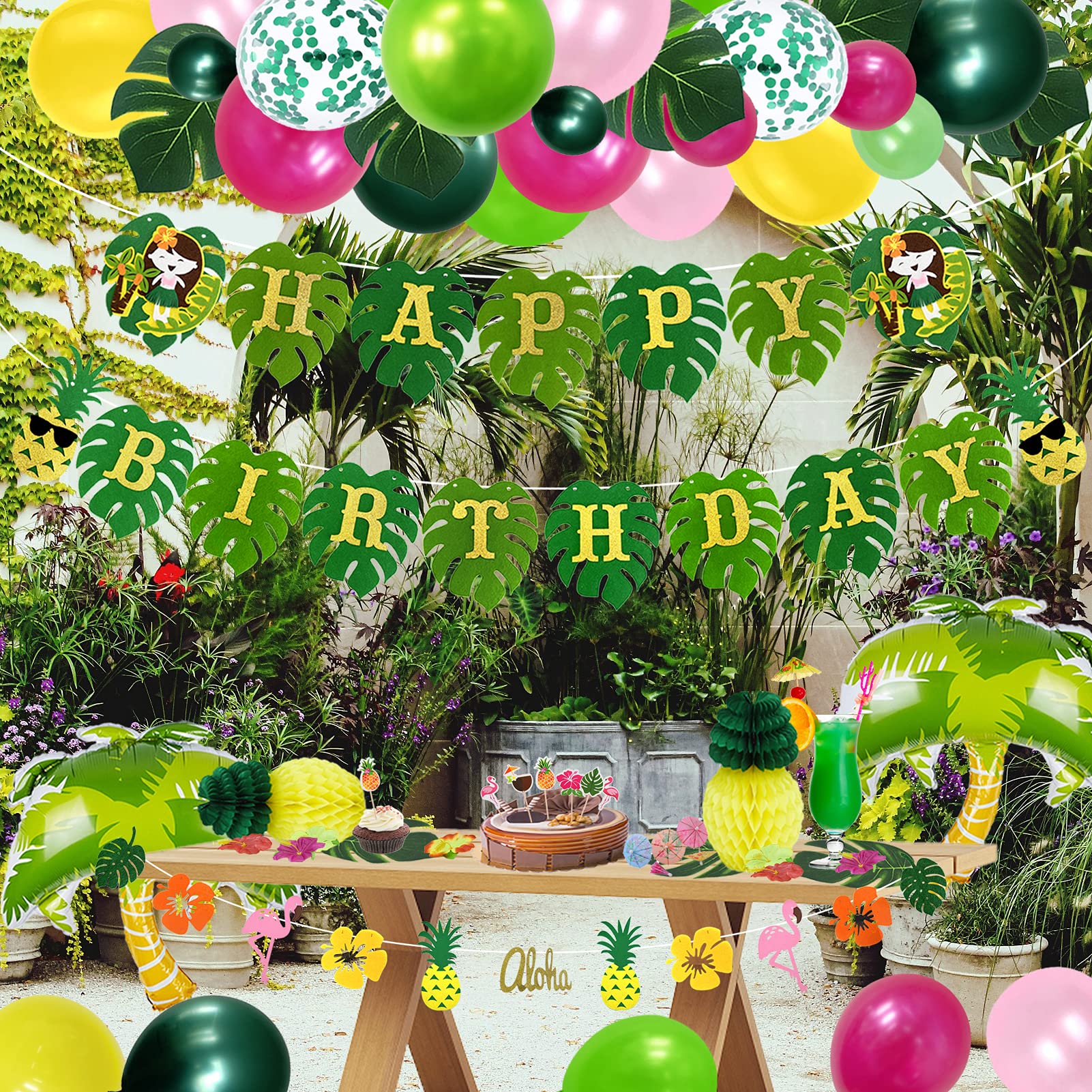 TREWAVE Tropical Luau Party Decoration Pack Hawaiian Beach Party Supplies Birthday Party Decor Including Felt Birthday Banner, Foil Coconut Tree, Balloons, Leaves, Cake Toppers, Pineapple Décors