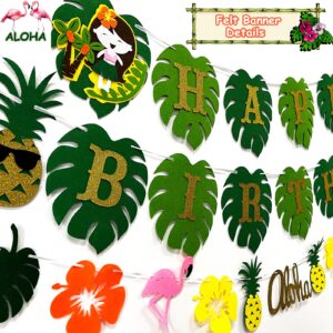 TREWAVE Tropical Luau Party Decoration Pack Hawaiian Beach Party Supplies Birthday Party Decor Including Felt Birthday Banner, Foil Coconut Tree, Balloons, Leaves, Cake Toppers, Pineapple Décors