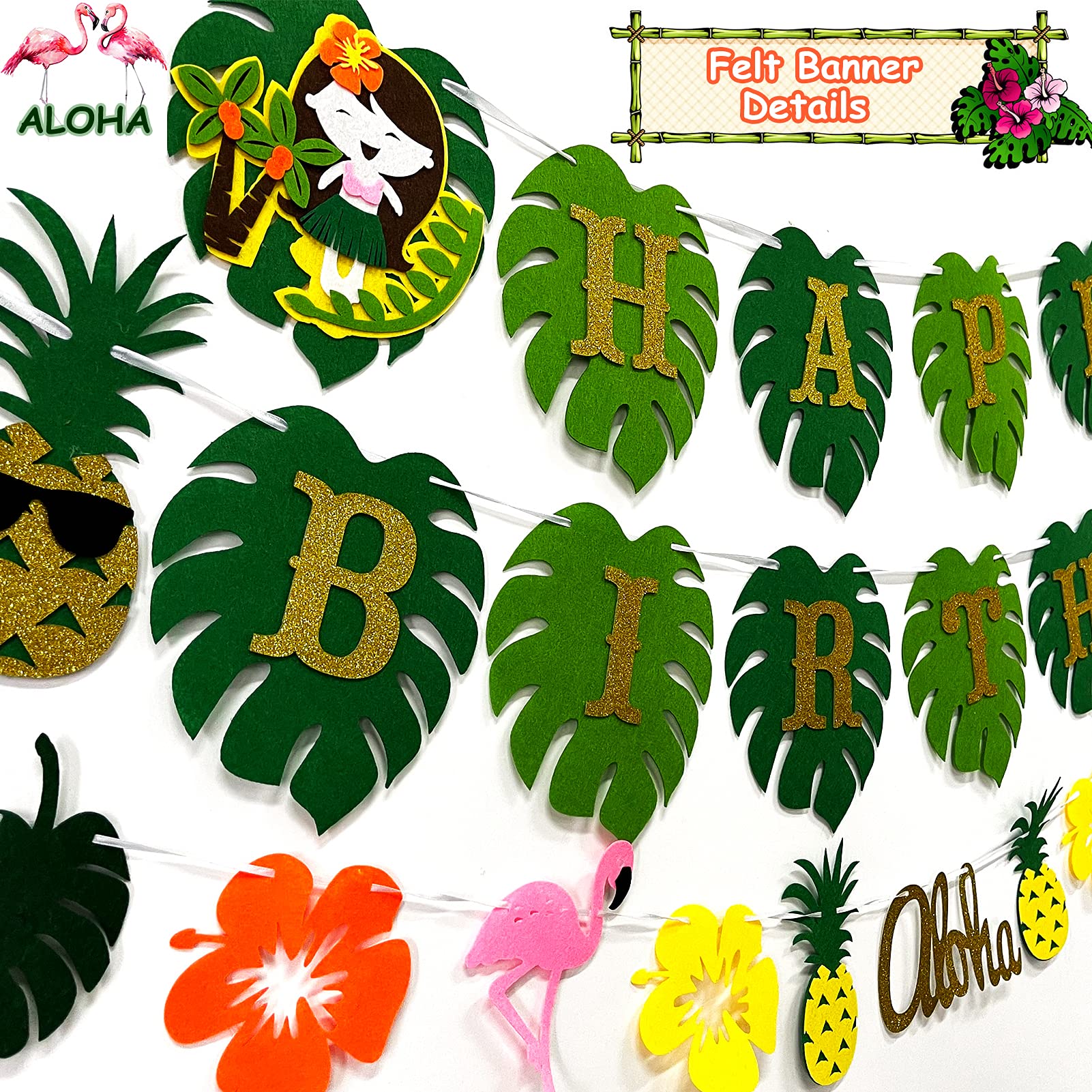 TREWAVE Tropical Luau Party Decoration Pack Hawaiian Beach Party Supplies Birthday Party Decor Including Felt Birthday Banner, Foil Coconut Tree, Balloons, Leaves, Cake Toppers, Pineapple Décors