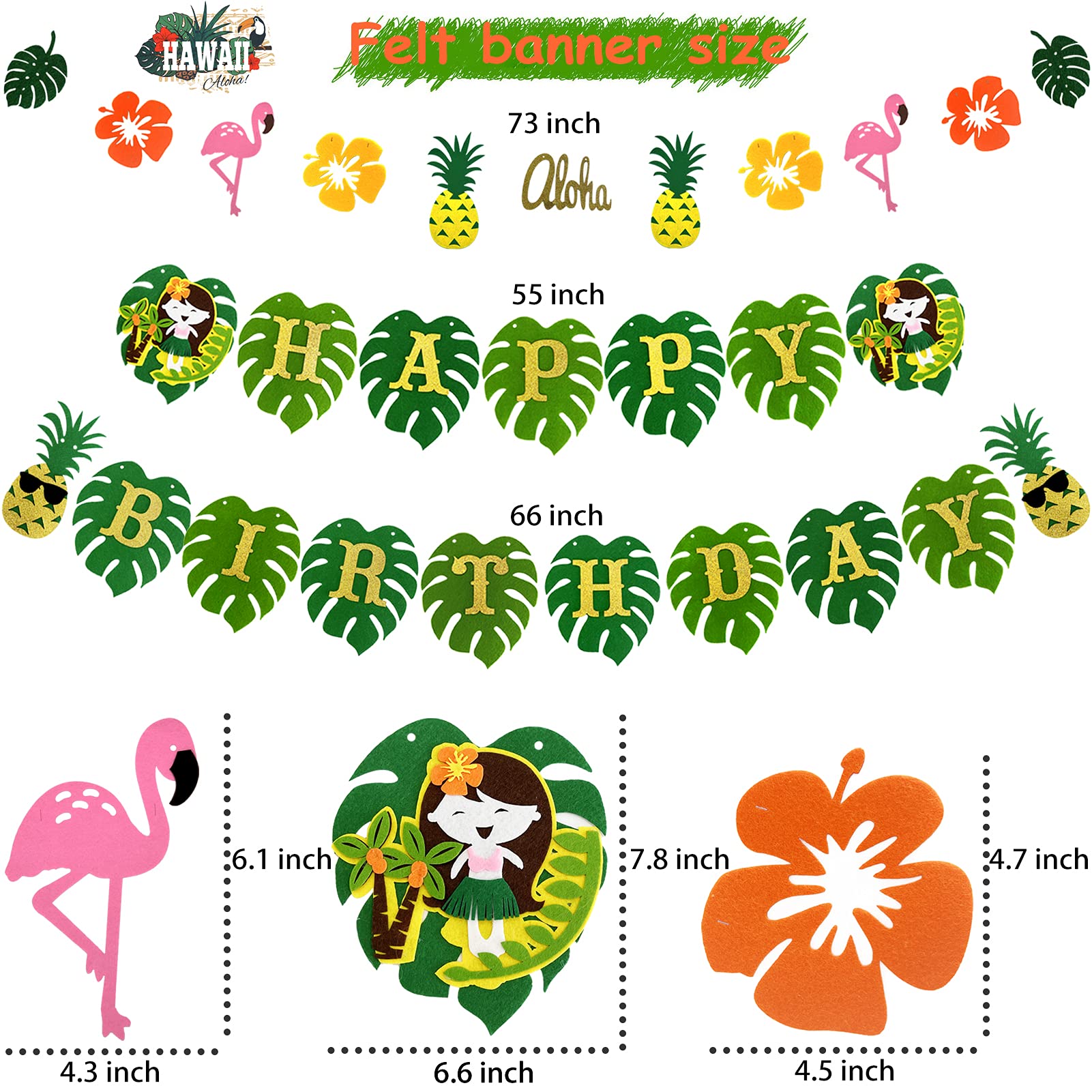 TREWAVE Tropical Luau Party Decoration Pack Hawaiian Beach Party Supplies Birthday Party Decor Including Felt Birthday Banner, Foil Coconut Tree, Balloons, Leaves, Cake Toppers, Pineapple Décors