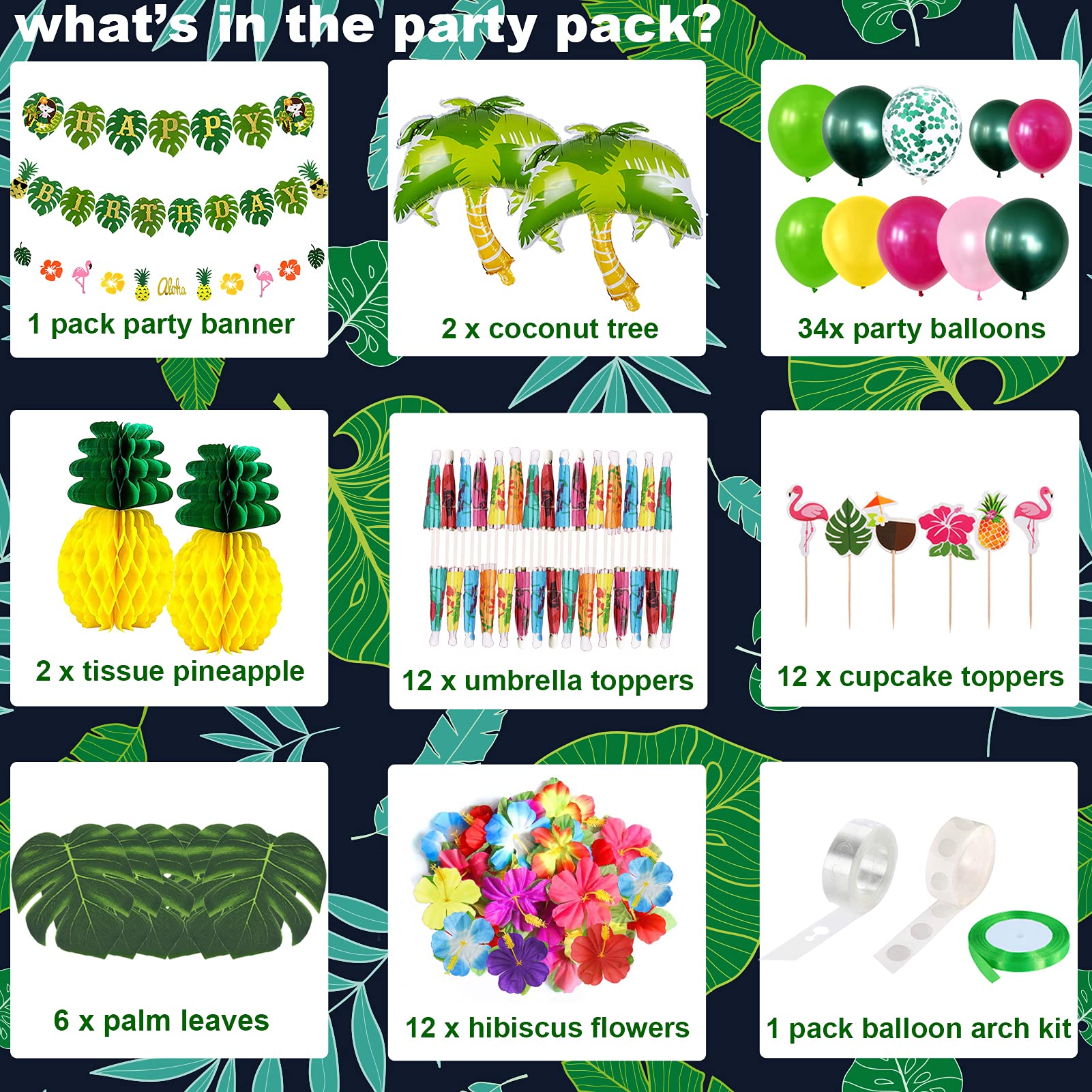 TREWAVE Tropical Luau Party Decoration Pack Hawaiian Beach Party Supplies Birthday Party Decor Including Felt Birthday Banner, Foil Coconut Tree, Balloons, Leaves, Cake Toppers, Pineapple Décors