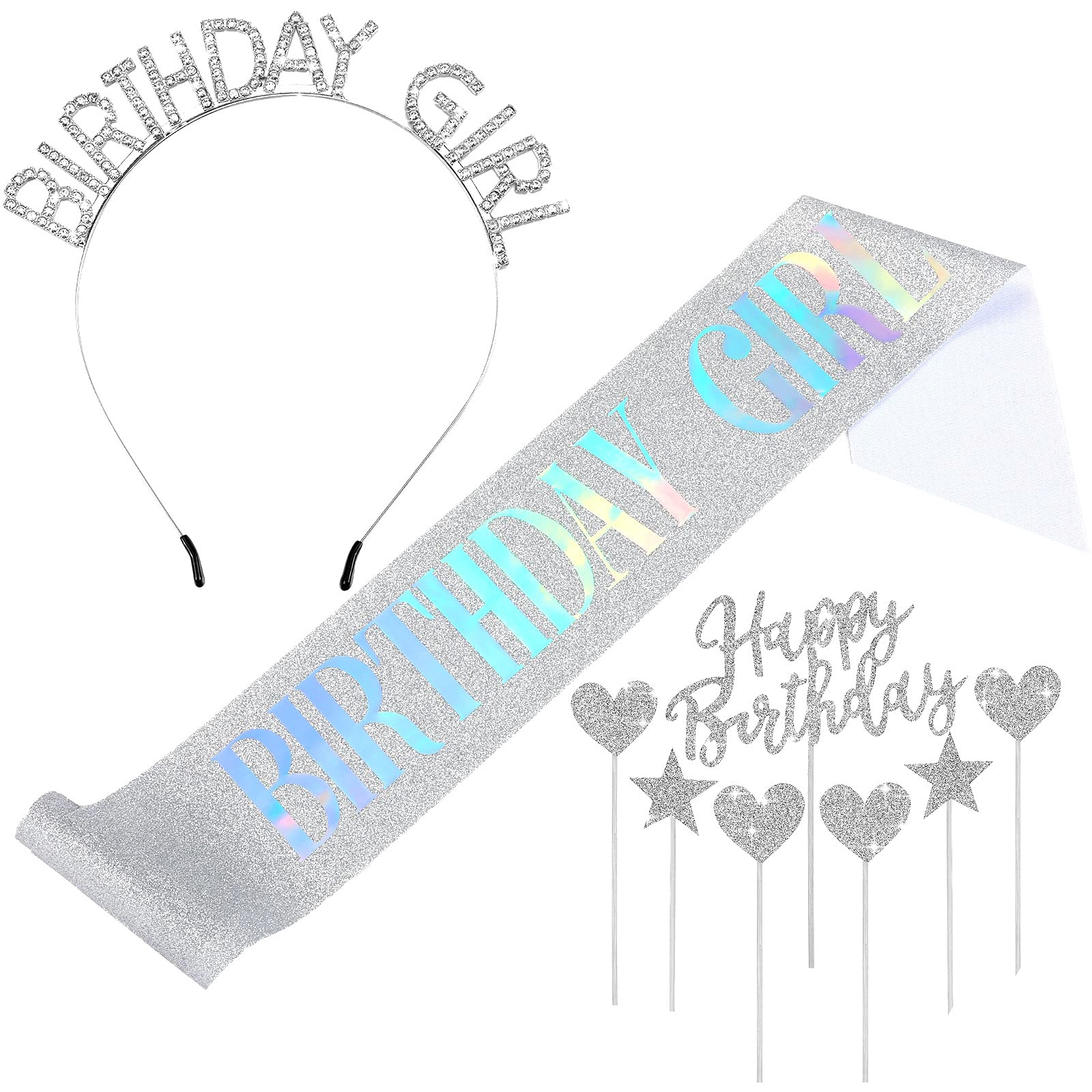 WILLBOND Birthday Tiara and Sash Kit Girls Rhinestone Happy Birthday Crown Headband Cake Toppers Party Favors