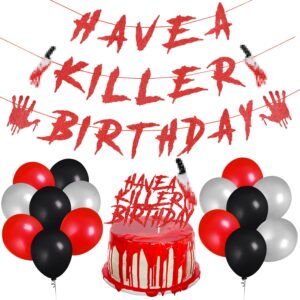 red have a killer birthday banner and killer birthday cake topper balloons, halloween horror birthday banner for have a killer birthday decorations halloween horror movie birthday party decorations