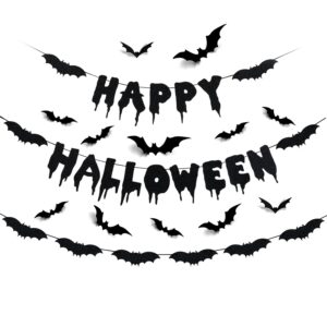 black glitter happy halloween banner and bat halloween garland bat wall decals, happy halloween party decorations halloween party banner for haunted houses home indoor mantle decor