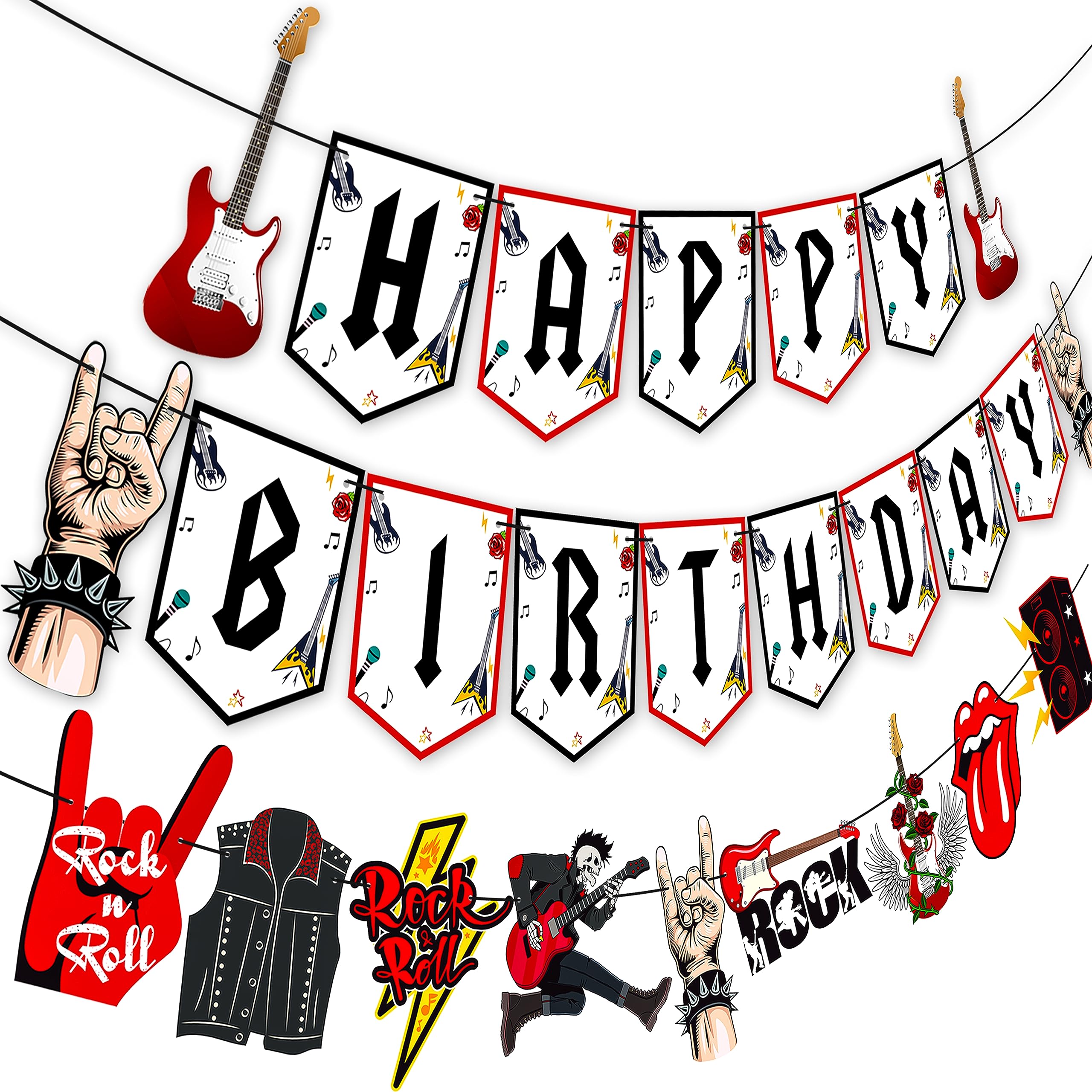 Rock and Roll Birthday Banner 3Pcs One Rocks Party Banners Rock Music Birthday Party Decoration Rock Party Hanging Cutout Banners for Rock and Roll Baby Shower Supplies