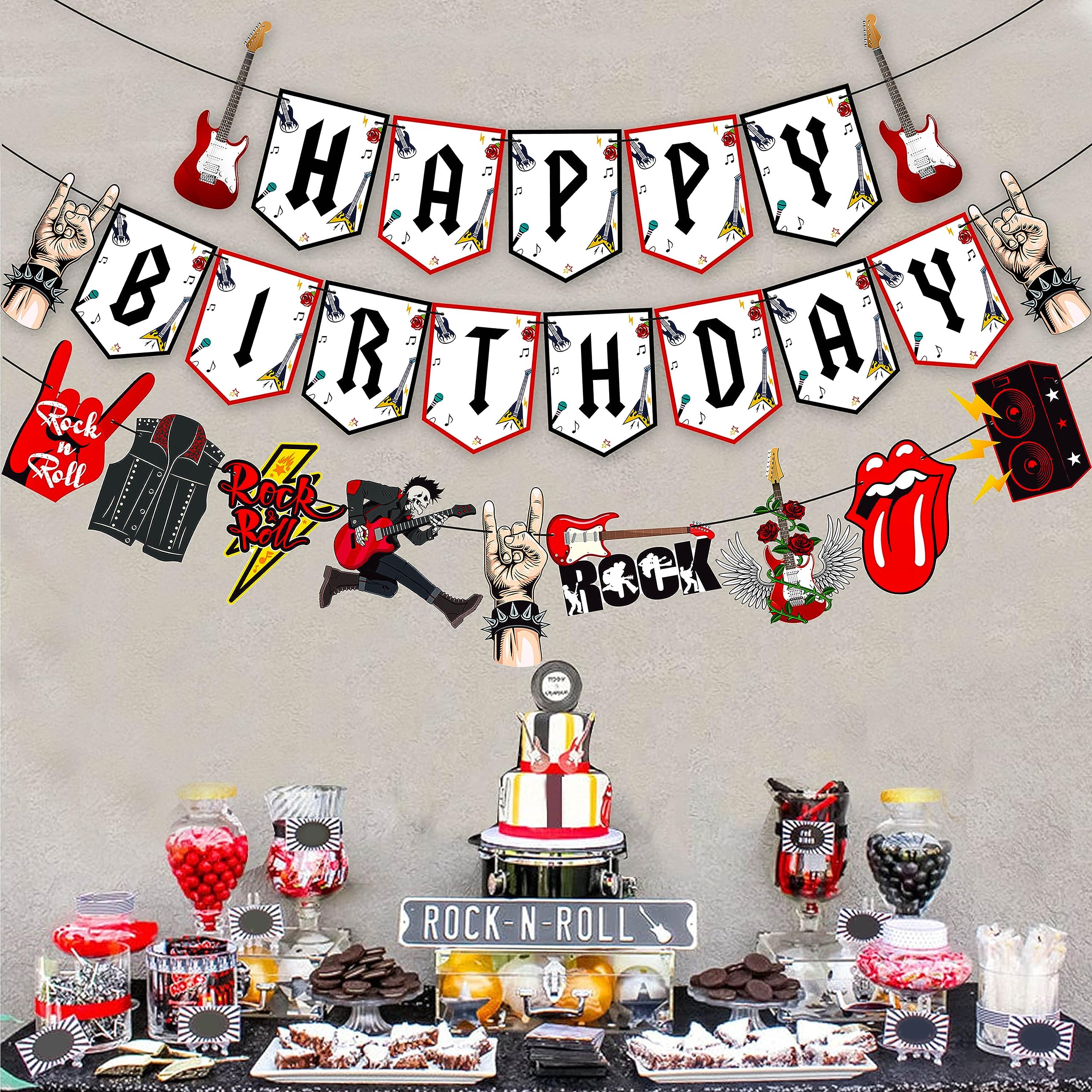 Rock and Roll Birthday Banner 3Pcs One Rocks Party Banners Rock Music Birthday Party Decoration Rock Party Hanging Cutout Banners for Rock and Roll Baby Shower Supplies