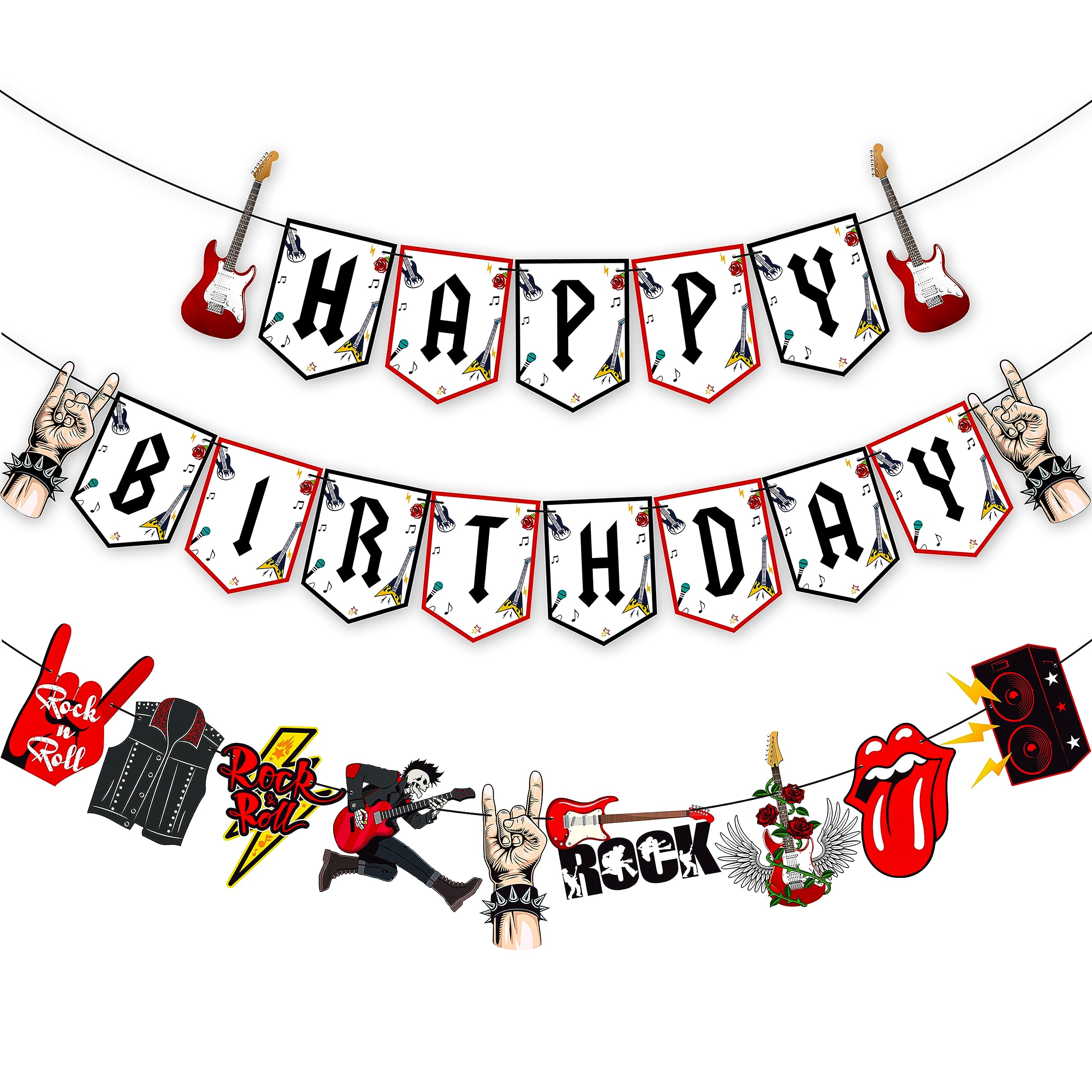 Rock and Roll Birthday Banner 3Pcs One Rocks Party Banners Rock Music Birthday Party Decoration Rock Party Hanging Cutout Banners for Rock and Roll Baby Shower Supplies