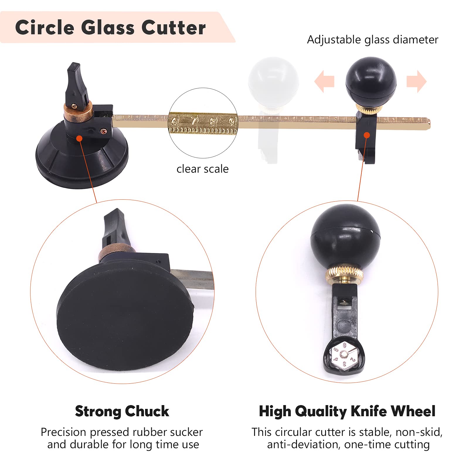 Tanstic 5Pcs 40cm/16inch Adjustable Circular Glass Cutter with Round Knob Handle and Suction Cup with Glass Running Plier and Glass Cutter for Glass Cutting