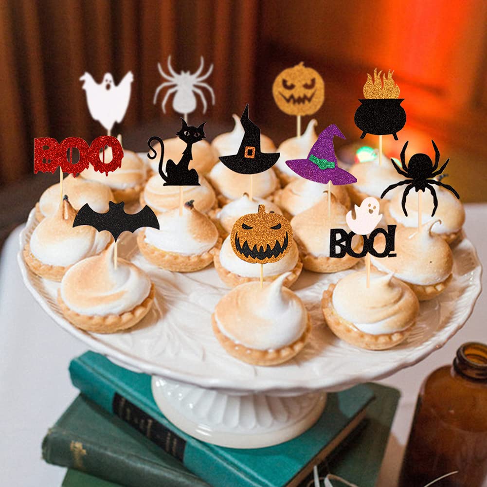 36 pcs Halloween Ghost Boo Glitter Cupcake Toppers Ghost Boo 36 Pack Cupcake Topper muffin for Halloween, Birthday, Decoration Party Supply