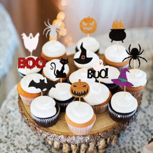 36 pcs Halloween Ghost Boo Glitter Cupcake Toppers Ghost Boo 36 Pack Cupcake Topper muffin for Halloween, Birthday, Decoration Party Supply