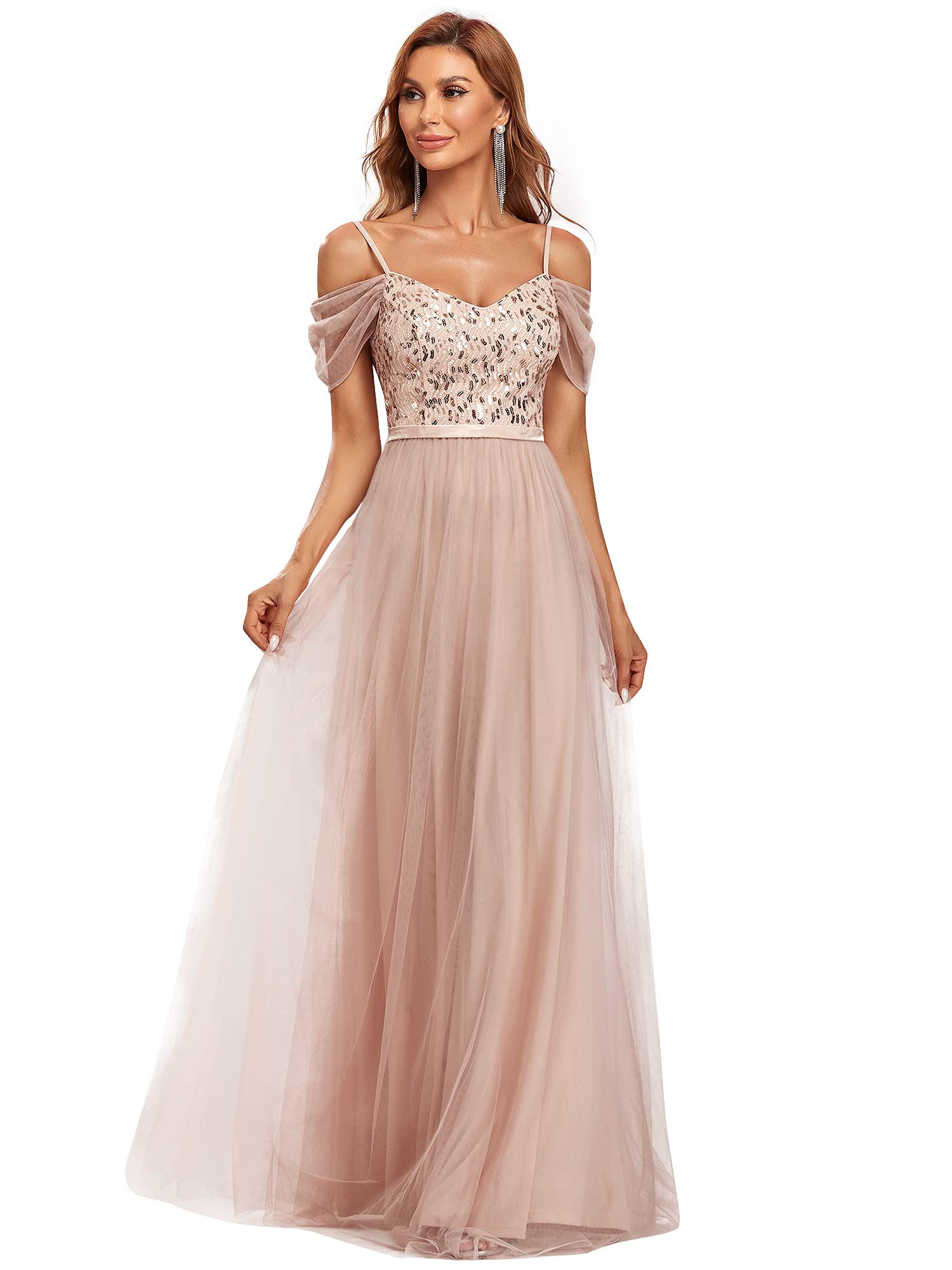 Ever-Pretty Womens Maxi Short Sleeves Straps V Neck A-line Tulle Bridesmaid Dress Rose Gold US14