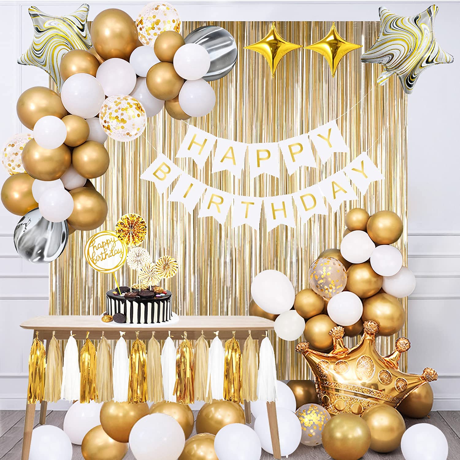 KATBUU Gold Birthday Decorations - Golden Birthday Party Decorations, Happy Birthday Decorations for Women Boys Girls Men, Golden Birthday Decor, White and Gold Birthday Decorations Set