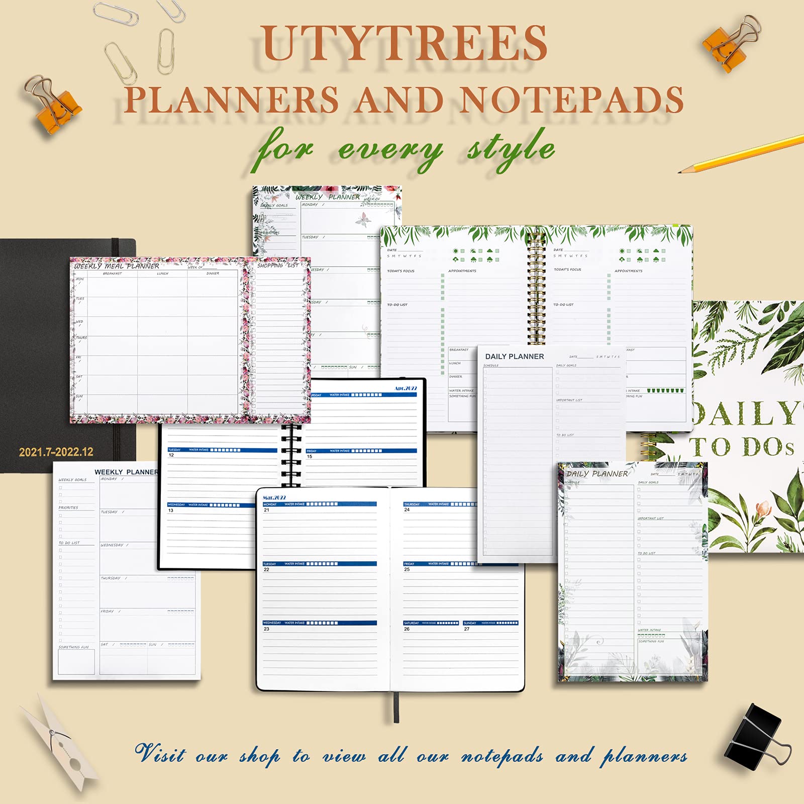 UtyTrees Daily Planner Undated: 5.7"x8.5" Daily To Do List Notebook, Efficient Life Planner, Daily Journal with Inner Pocket, Meals Planner, Office Organization Notebooks for Women, Green