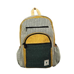 vibranic himalayan hemp laptop backpack - thc free - 13”/15” laptop compartment - all natural handmade - multi-pocket - yellow green shade - made in nepal