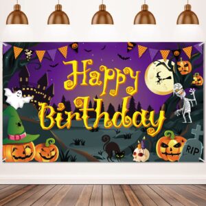 happy birthday halloween backdrop halloween birthday party background pumpkin ghost spooky castle photography background halloween party photo booth banner large birthday backdrops decor, 6 x 3.6 ft