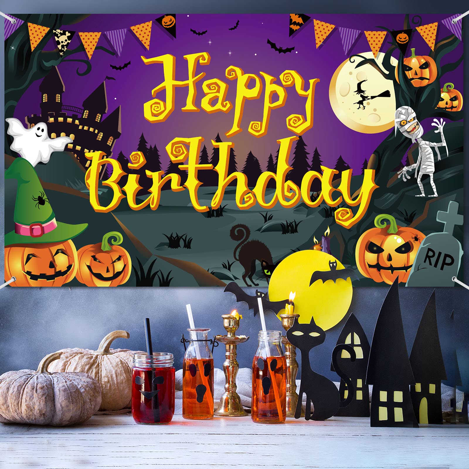 Happy Birthday Halloween Backdrop Halloween Birthday Party Background Pumpkin Ghost Spooky Castle Photography Background Halloween Party Photo Booth Banner Large Birthday Backdrops Decor, 6 x 3.6 ft