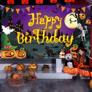 Happy Birthday Halloween Backdrop Halloween Birthday Party Background Pumpkin Ghost Spooky Castle Photography Background Halloween Party Photo Booth Banner Large Birthday Backdrops Decor, 6 x 3.6 ft