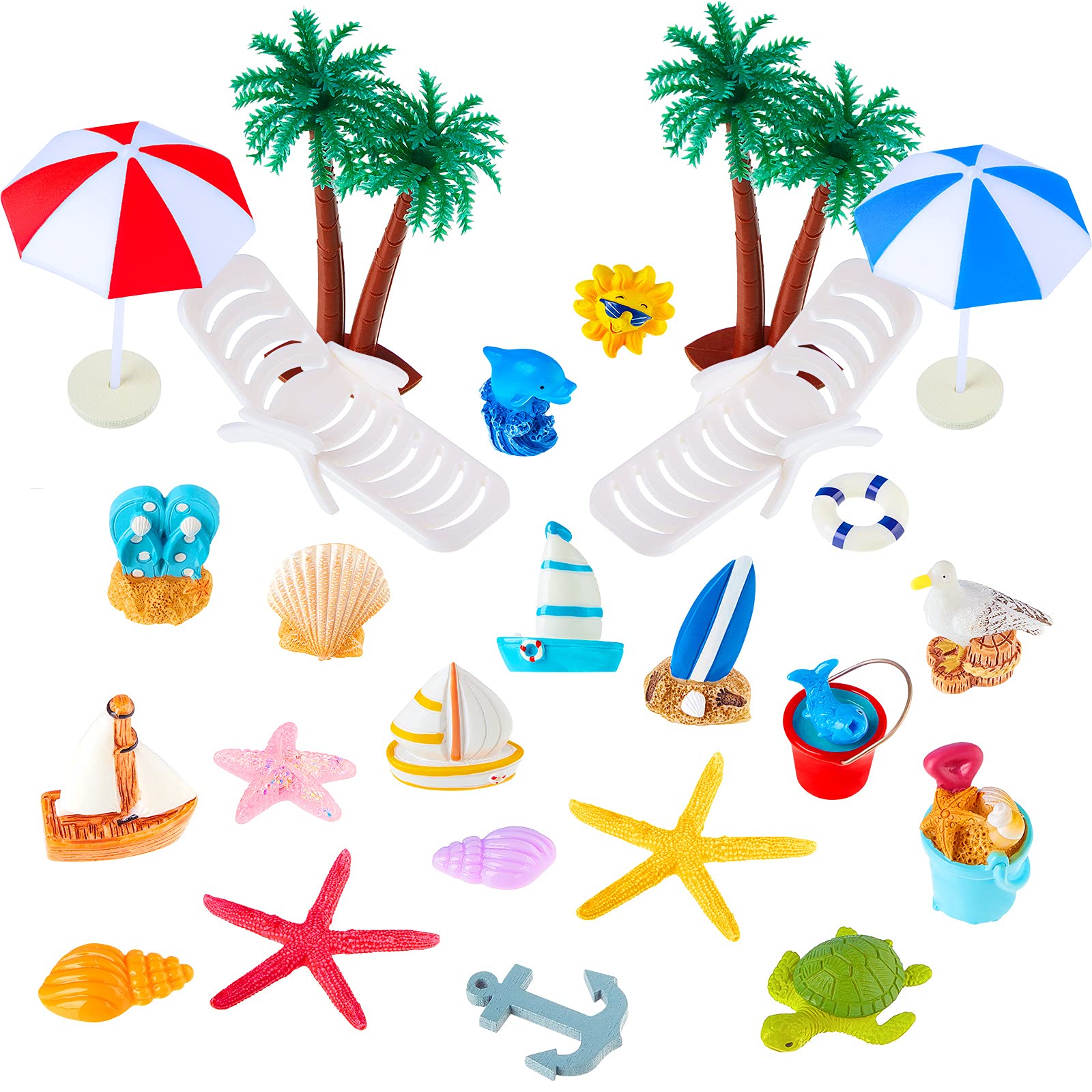 24 Pieces Cake Decoration Green Palm Tree Summer Beach Chair Umbrella cake toppers for hawaiian beach Theme Birthday Wedding Baby Shower Party Supplies