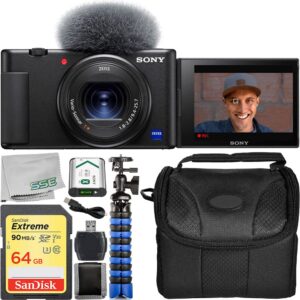 sony zv-1 digital camera (black) with streamer/vlogging kit. includes: sandisk extreme 64gb card, 12” grispter tripod, carrying case, and more.