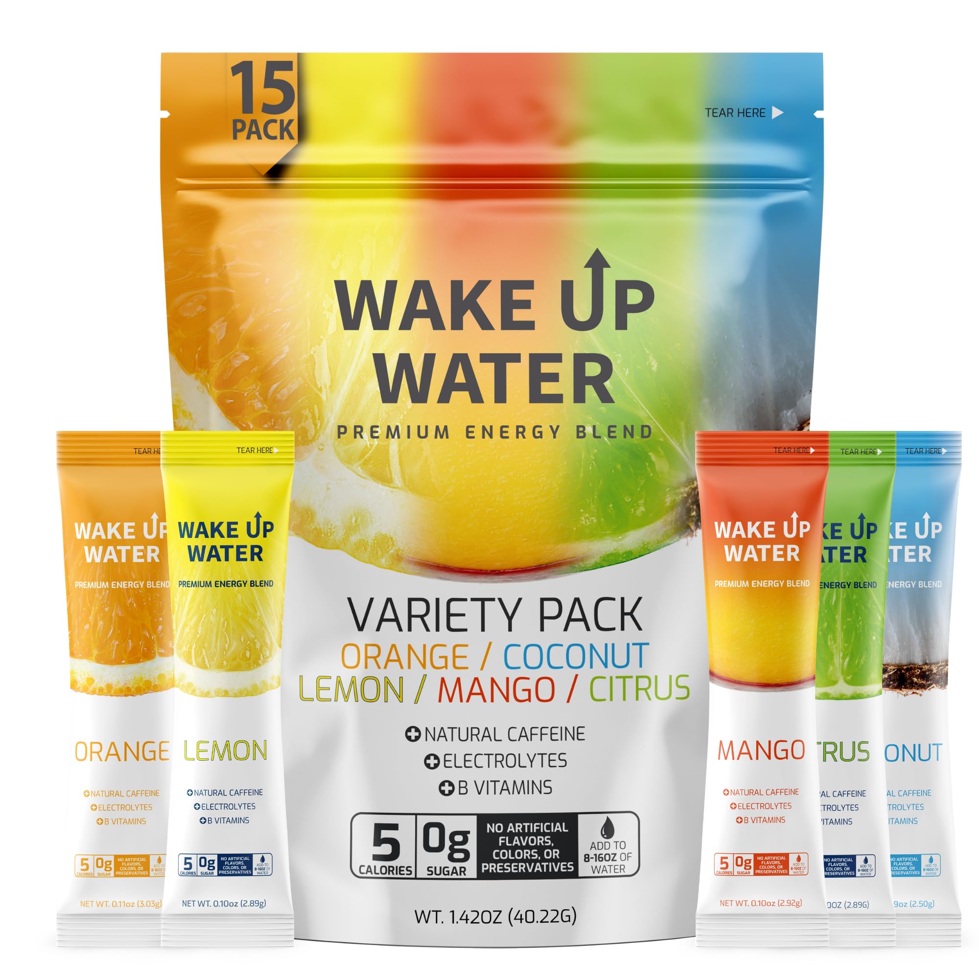 Wake Up Water Energy + Hydration Mix – Variety Pack – Energy + Hydration Powder Packets With Natural Caffeine, Electrolytes, B Vitamins | No Sugar | Daily Fuel With No Crash Or Jitters | (Variety Pack/15 Count)