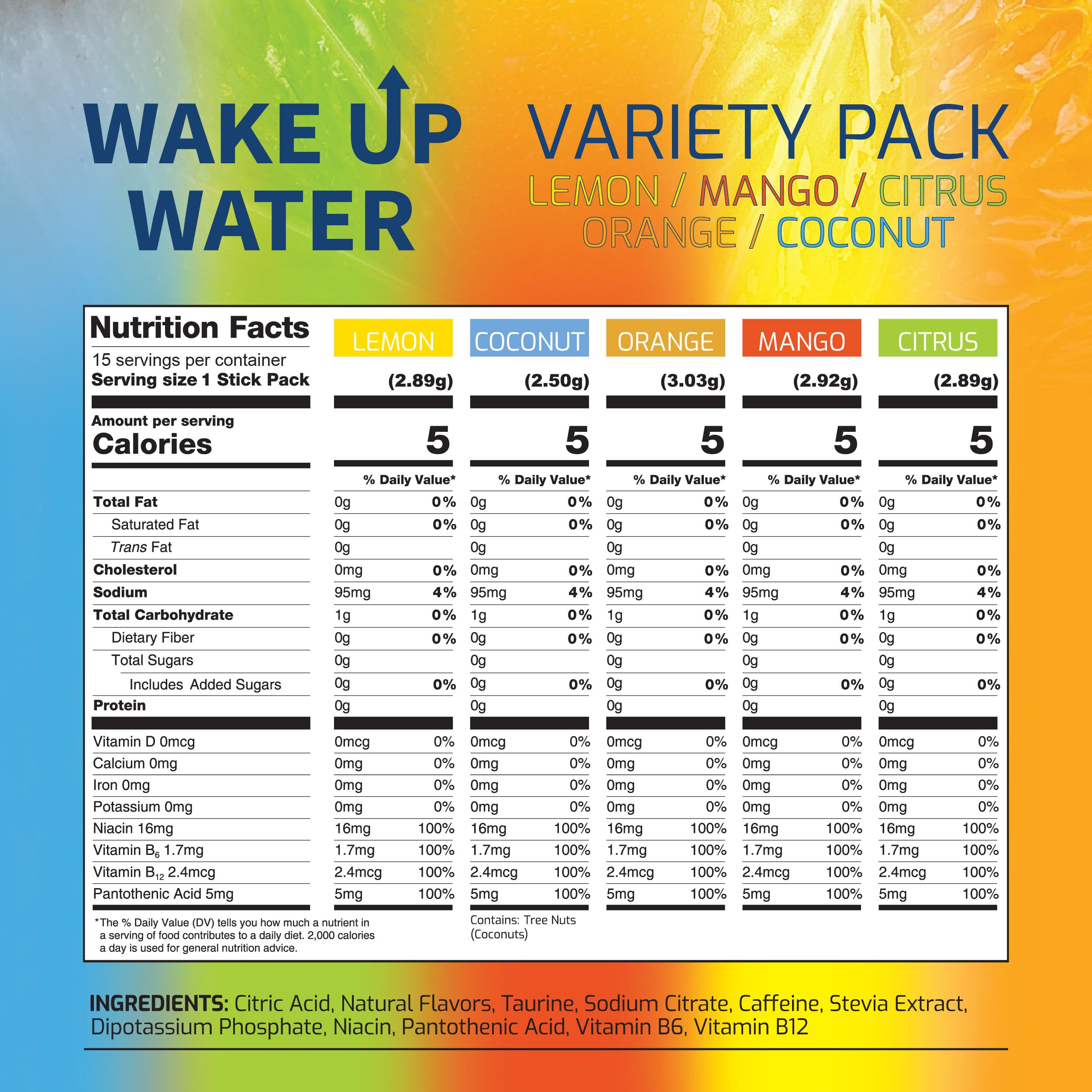 Wake Up Water Energy + Hydration Mix – Variety Pack – Energy + Hydration Powder Packets With Natural Caffeine, Electrolytes, B Vitamins | No Sugar | Daily Fuel With No Crash Or Jitters | (Variety Pack/15 Count)