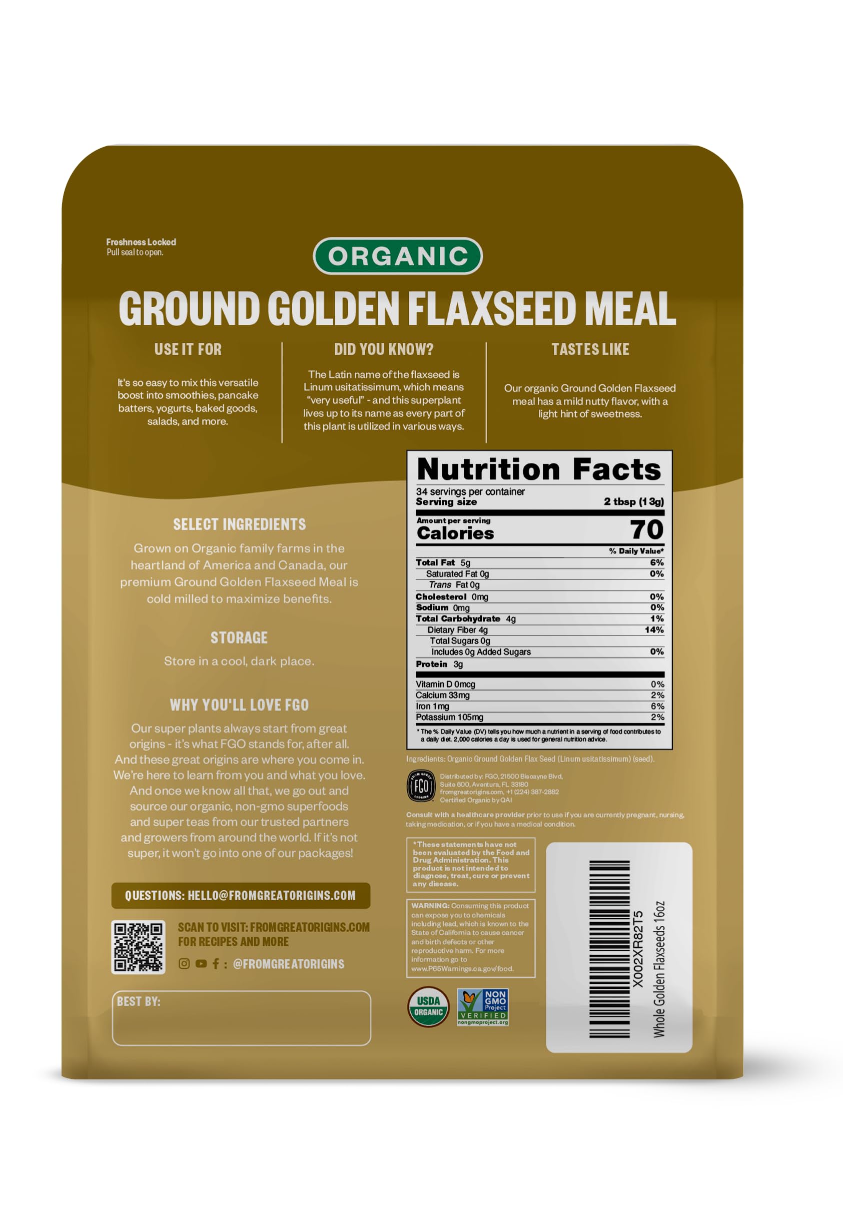 FGO Organic Ground Golden Flaxseed Meal, Cold Milled, Grown in USA, 16oz, Packaging May Vary (Pack of 1)