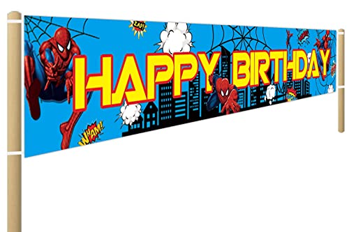 Large Superhero Spider Man Happy Birthday Banner, Spider Man Themed Birthday Party Supplies Decorations, Superhero Birthday Party Supplies for Boys Kids, Outdoor Indoor (118 x 19 In)