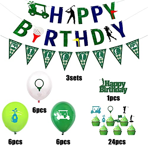 45PCS Golf Birthday Party Supplies with Happy Birthday Banner, Golf Themed Cake Topper and Cupcake Toppers, 12-inch Latex Balloons with Golfing Patterns and Golf Pennant for Golf Themed Party Decorations