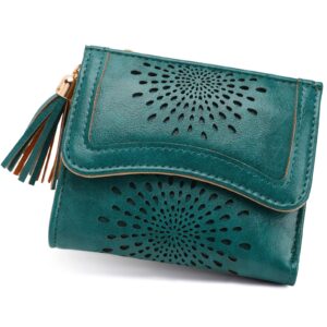 aphison small wallet for women, sunflower rfid wallet women leather womens wallet cute compact bifold wallets zipper tassel coin purse id card holder peacock blue