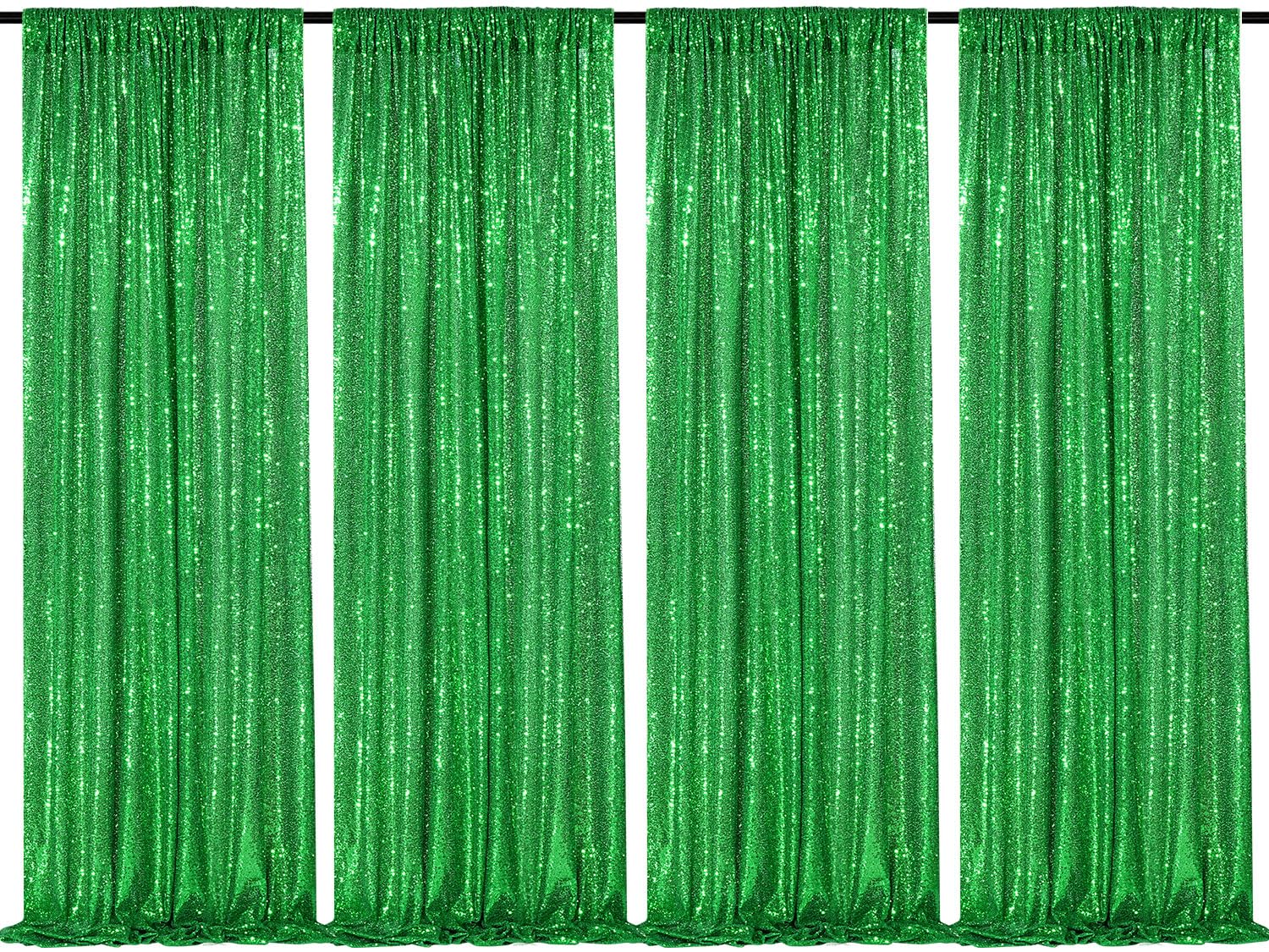 Green Sequin Backdrop 4 Panels 2FTx8FT Wedding Photo Backdrop Glitter Birthday Party Decorations Sparkle Background Drapes