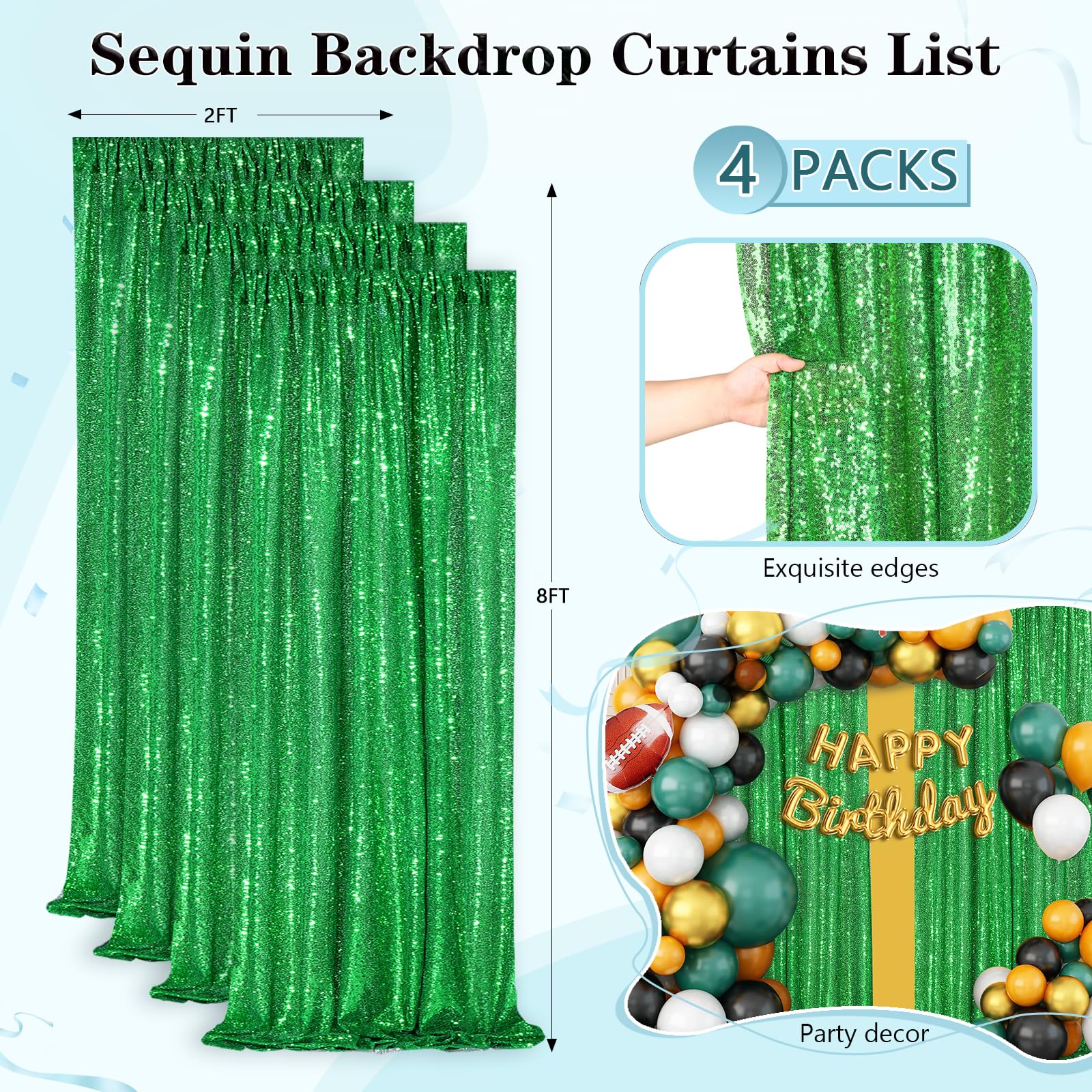 Green Sequin Backdrop 4 Panels 2FTx8FT Wedding Photo Backdrop Glitter Birthday Party Decorations Sparkle Background Drapes