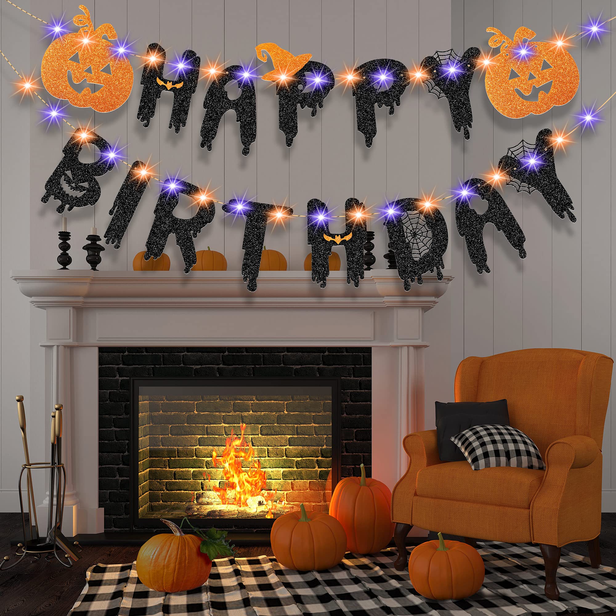 Halloween Happy Birthday Banner, Pumpkin Birthday Party Decorations with 8 Modes LED String Lights Halloween Theme 1st Kids Birthday Supplies for Thanksgiving Fall Pumpkin Decor