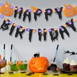 Halloween Happy Birthday Banner, Pumpkin Birthday Party Decorations with 8 Modes LED String Lights Halloween Theme 1st Kids Birthday Supplies for Thanksgiving Fall Pumpkin Decor