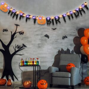 Halloween Happy Birthday Banner, Pumpkin Birthday Party Decorations with 8 Modes LED String Lights Halloween Theme 1st Kids Birthday Supplies for Thanksgiving Fall Pumpkin Decor