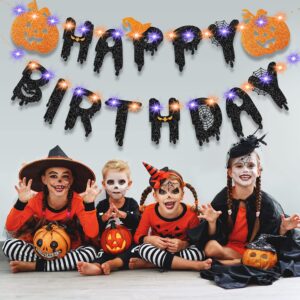 Halloween Happy Birthday Banner, Pumpkin Birthday Party Decorations with 8 Modes LED String Lights Halloween Theme 1st Kids Birthday Supplies for Thanksgiving Fall Pumpkin Decor